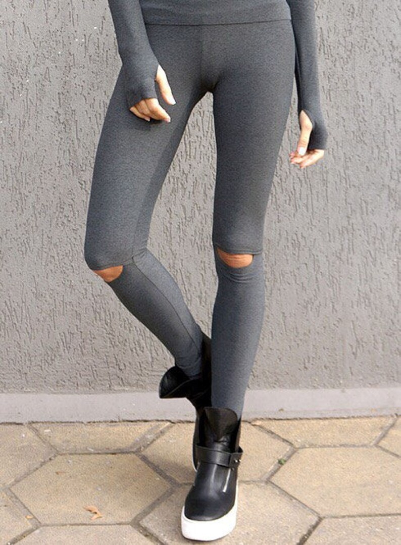NEW COLLECTION Grey Extra Long Leggings / Sexy Knee Cut Outs Front ...