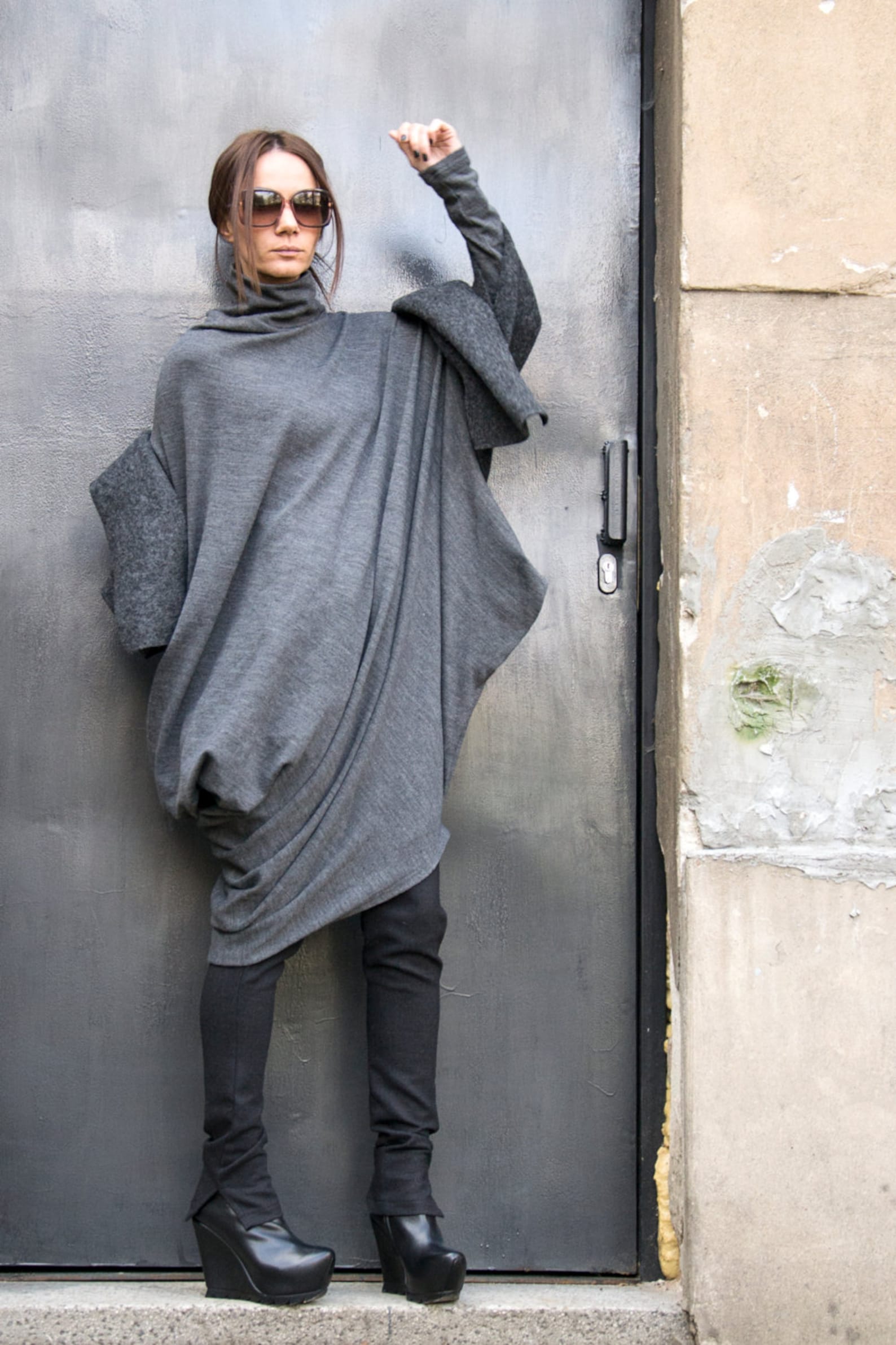 Dark Grey Tunic Top, Oversized Asymmetric Knit Blouse Turtle Neck - Etsy