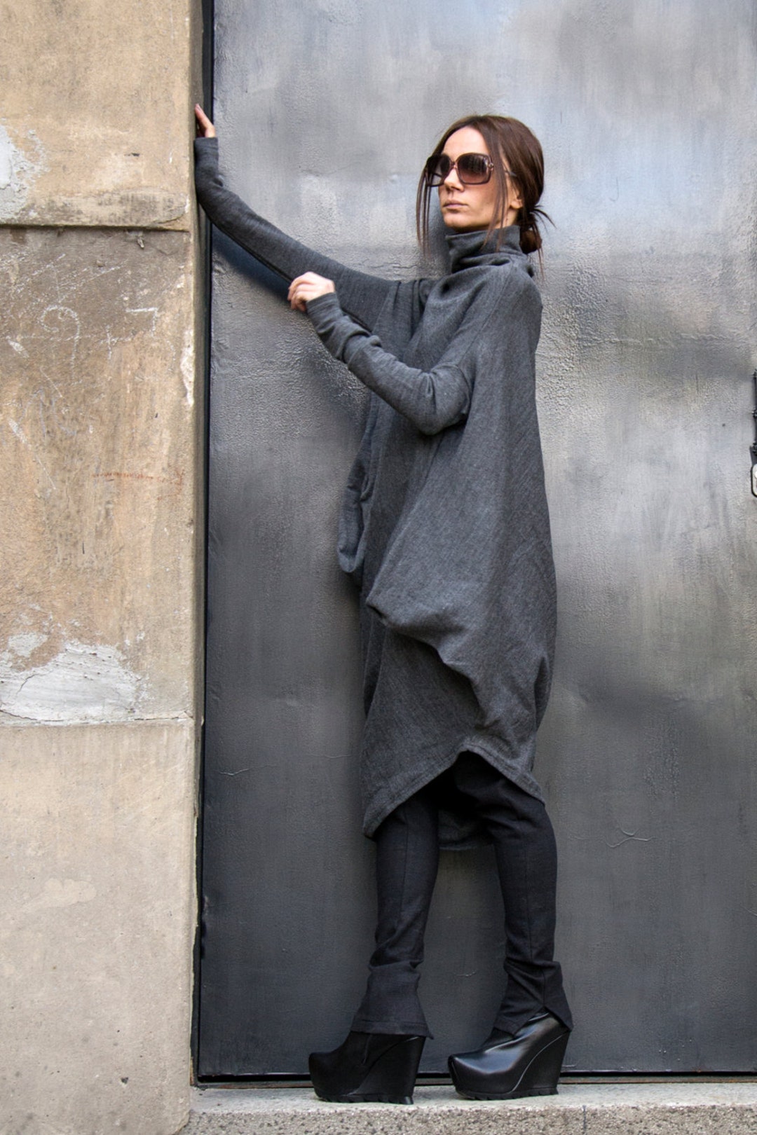 Dark Grey Tunic Top, Oversized Asymmetric Knit Blouse Turtle Neck - Etsy