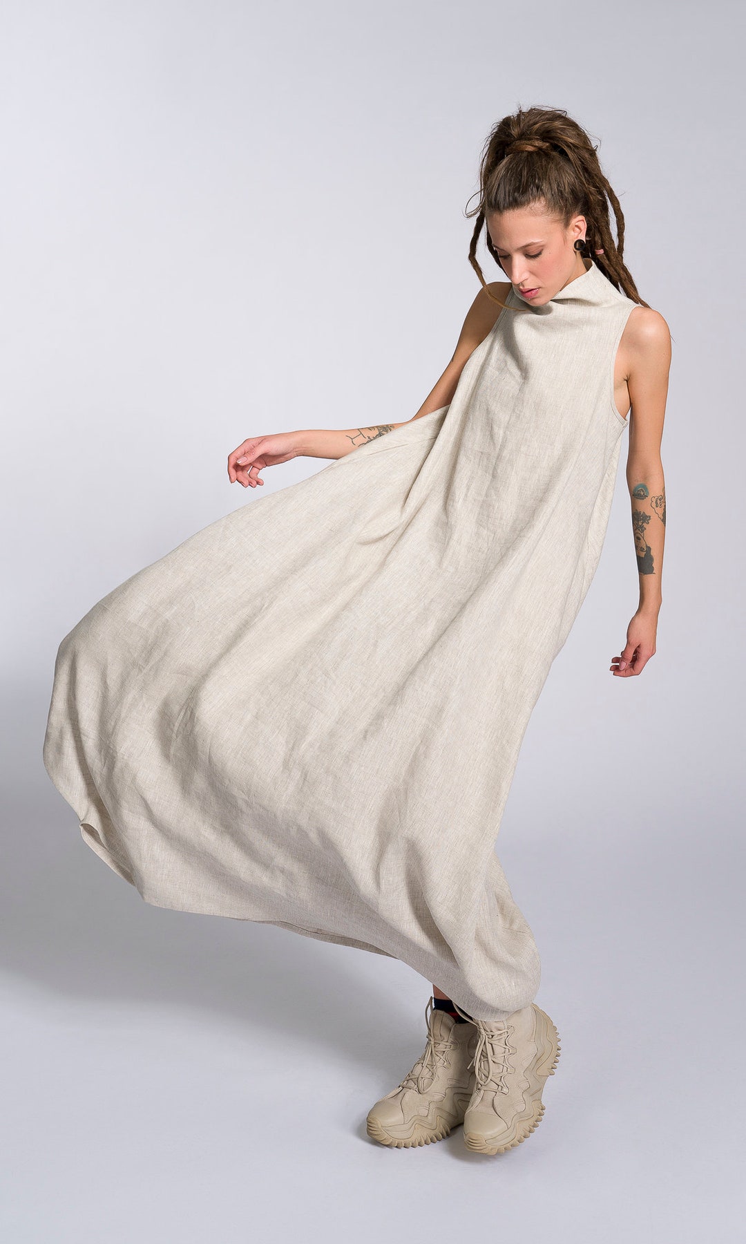 Maxi Linen Dress – High Neck Boho Cocoon, Plus Size Summer Dress Side ...