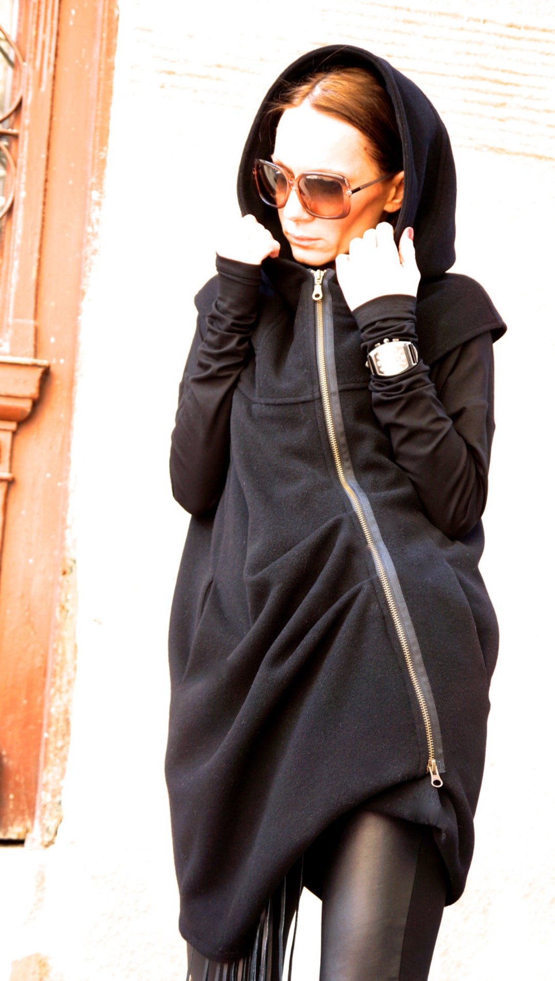 Asymmetric Hooded Vest - Sleeveless Black Wool Coat With Zipper and ...