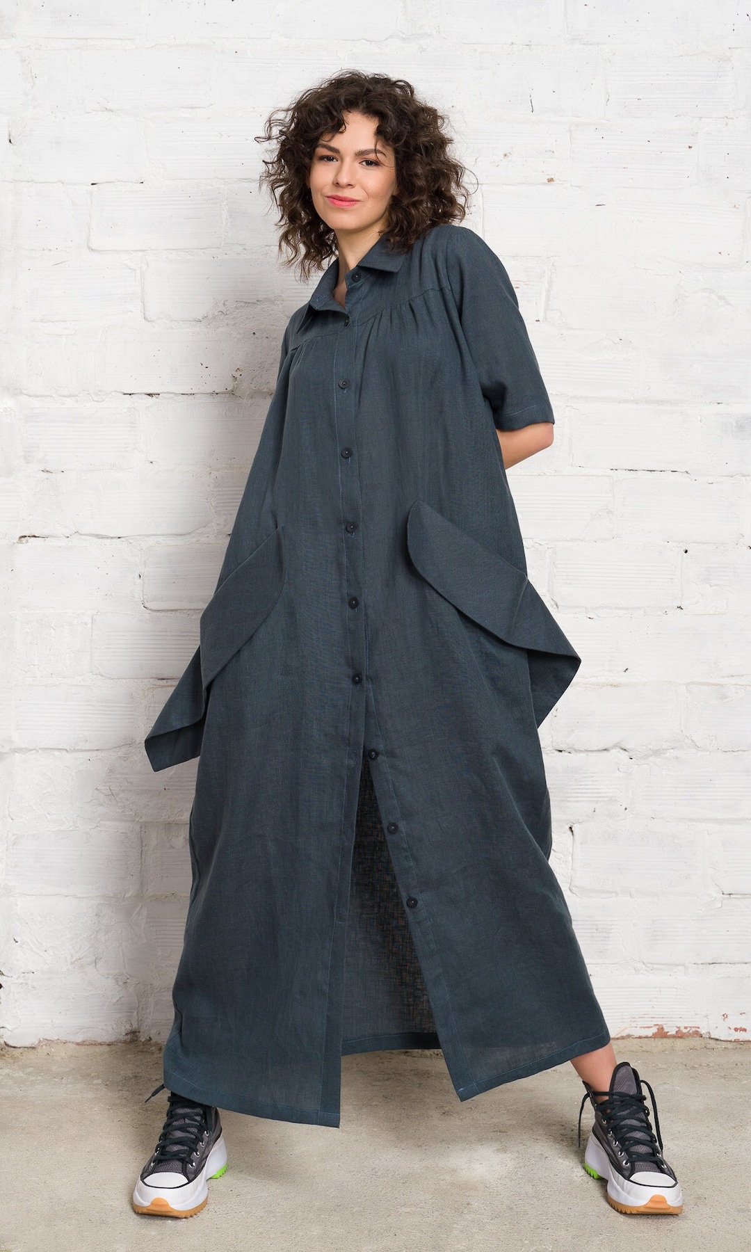 Linen Summer Maxi Shirt Dress With Flap Pockets, Plus Size Summer Maxi ...