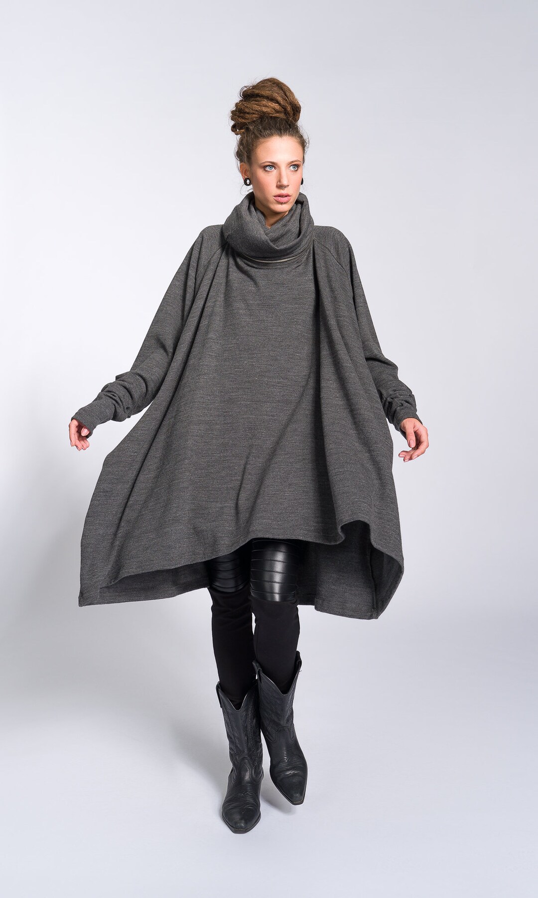 Asymmetric Detachable Collar Knit Tunic, Oversized High Neck Knit Top ...