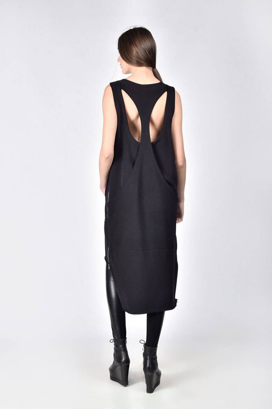 New Maxi Black Racer Back Dress / Cotton Extravagant Side Zipper Dress ...