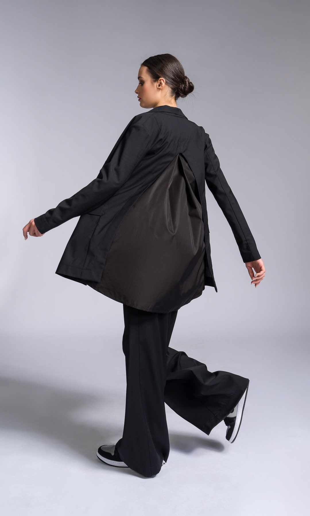 Black Trench Blazer With Back Detail Casual Long Jacket Relaxed Fit ...