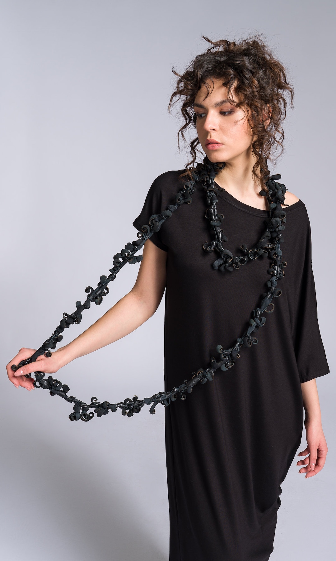 Extra Long Black Genuine Leather Necklace Accessory by AAKASHA A16254 ...