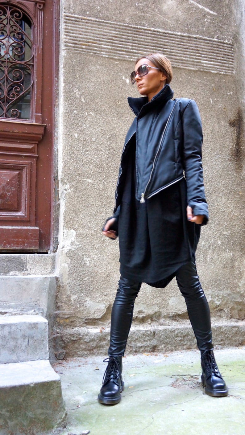 Asymmetric Quilted Black Coat, Detachable Waterproof Winter Outerwear ...