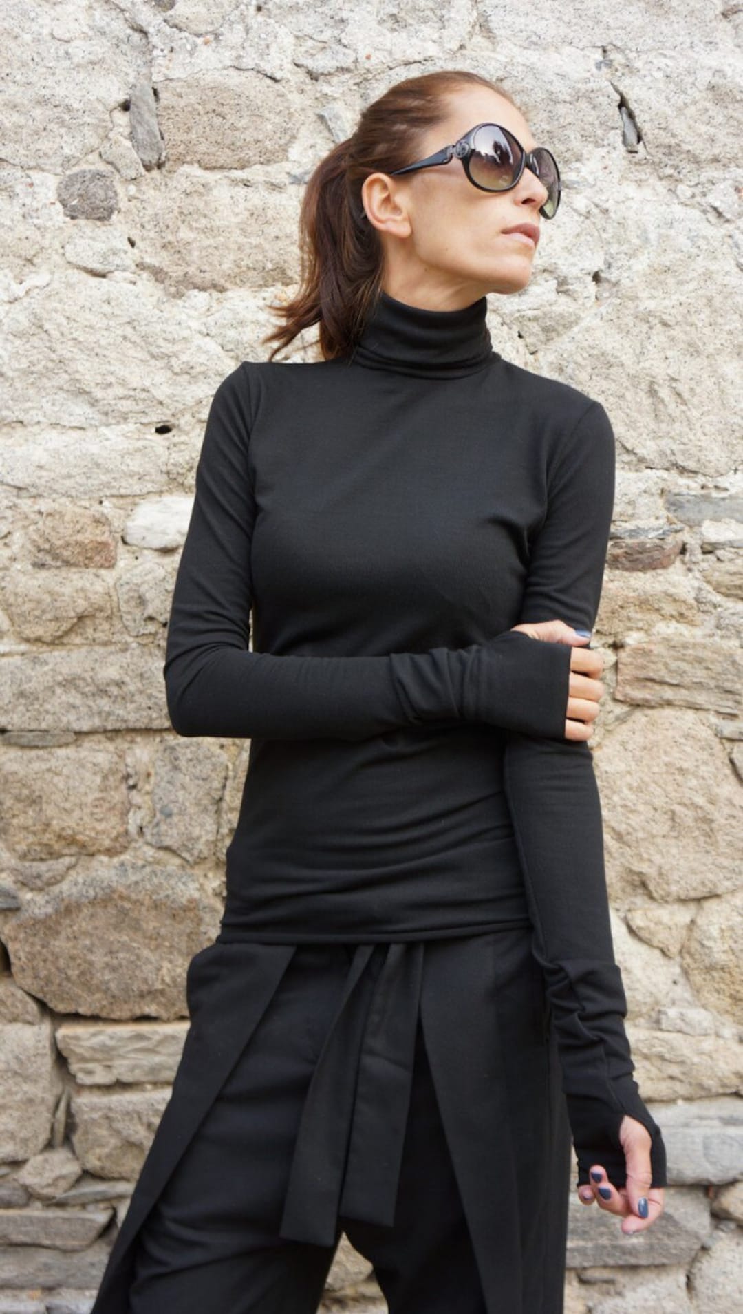NEW Cotton Sexy Black Turtle Neck Fitted Top / Exclusive Soft Fabric / Extra Long Sleeves /thumb ...