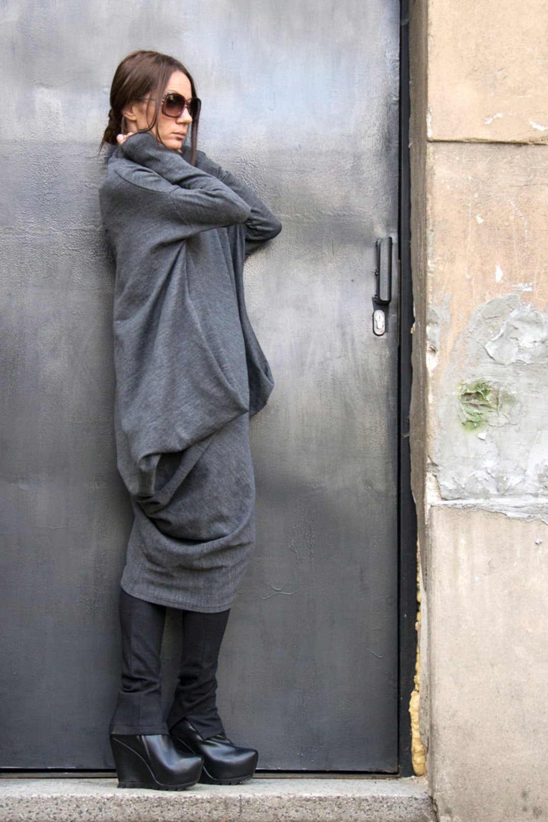 Oversized Dark Grey Cotton Blend Tunic Top, Long Raglan Sleeves Turtle ...
