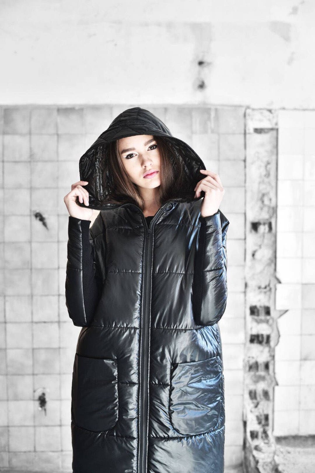 NEW Warm Quilted Large Hooded Jacket/ Black Matte Zipper / Outside ...