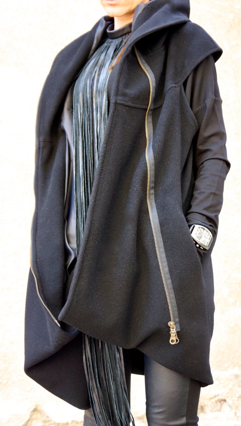 Asymmetric Hooded Vest - Sleeveless Black Wool Coat With Zipper and ...