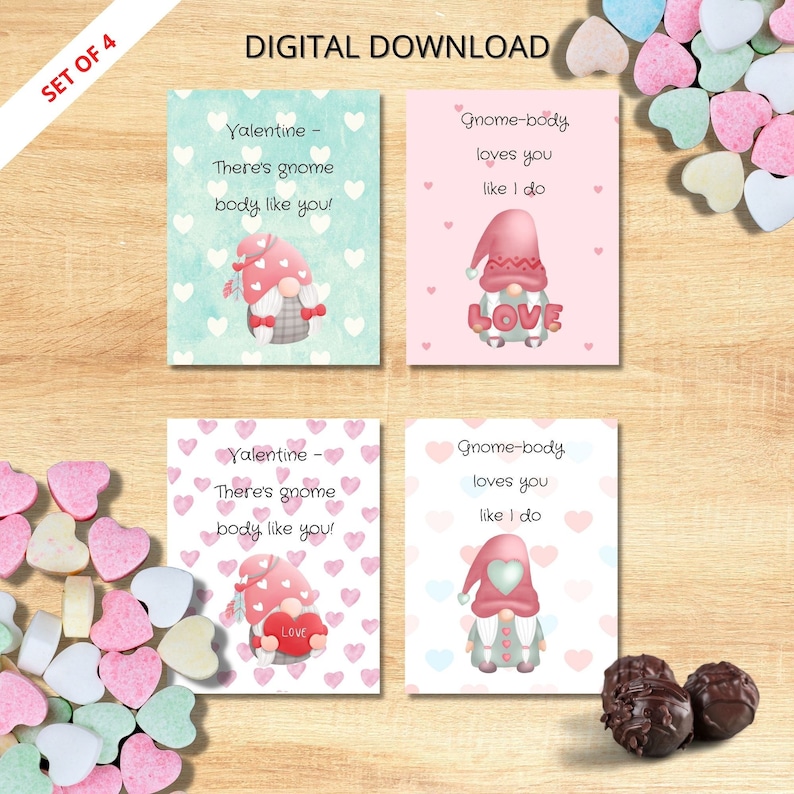 4 DIGITAL DOWNLOADABLE Cute Gnome Valentines Cards - Etsy