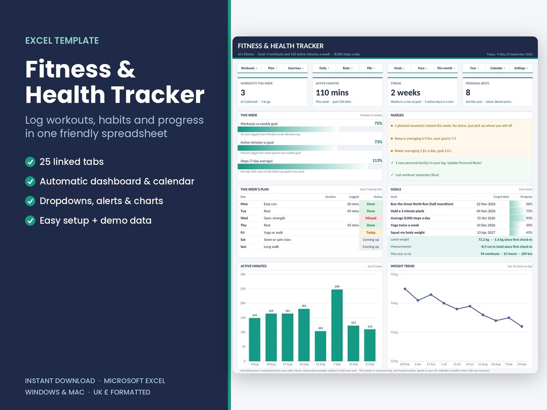 Fitness Tracker Spreadsheet, Workout Log, Habit & Step Tracker, Body ...