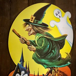 Vintage Halloween Die Cut Witch Flying on Broomstick Full Moon Ghost ...