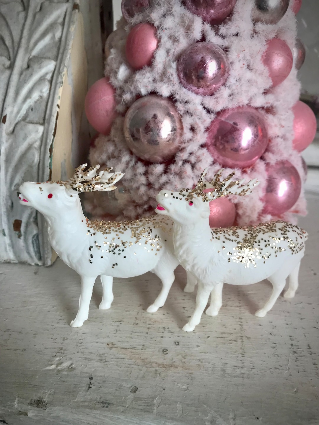 Vintage Celluloid Reindeer Gold Glitter Old Set of 2 Collectible ...
