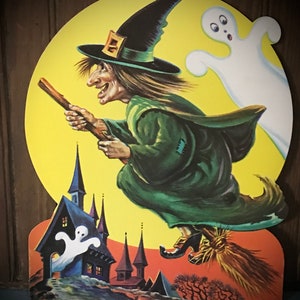 Vintage Halloween Die Cut Witch Flying on Broomstick Full Moon Ghost ...