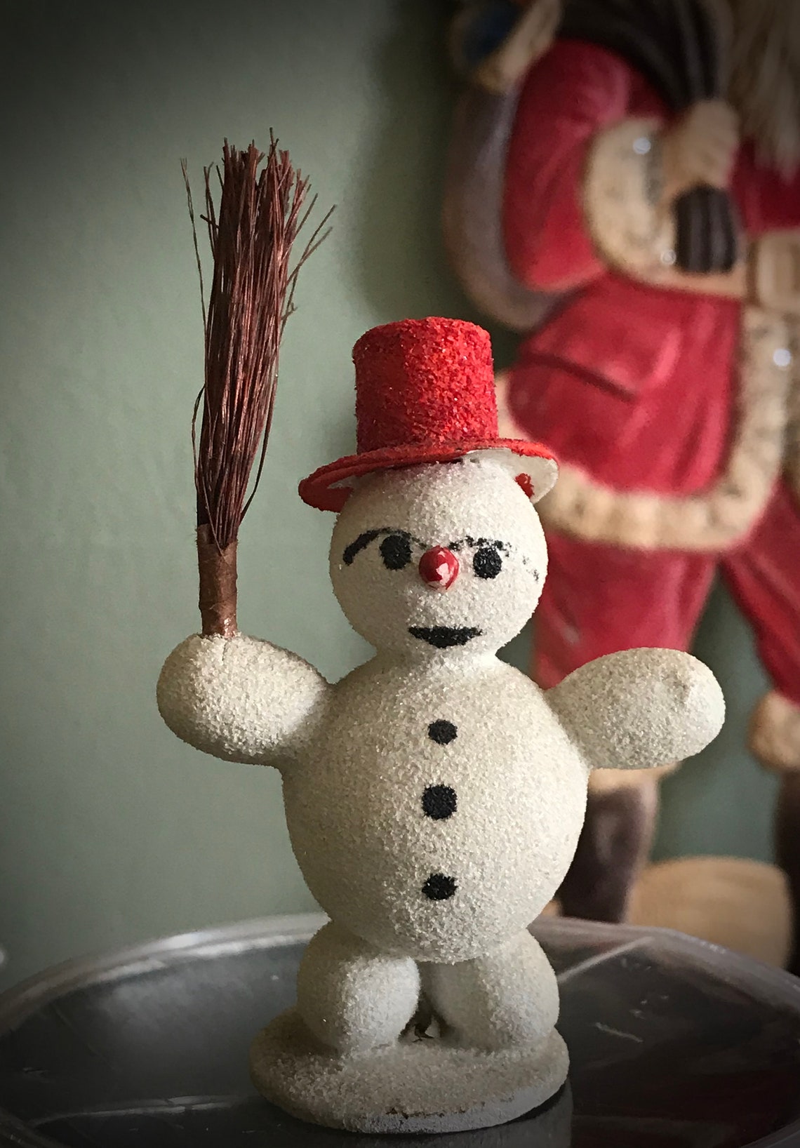 Antique German Snowman With Broom Top Hat Old Snow Covered | Etsy
