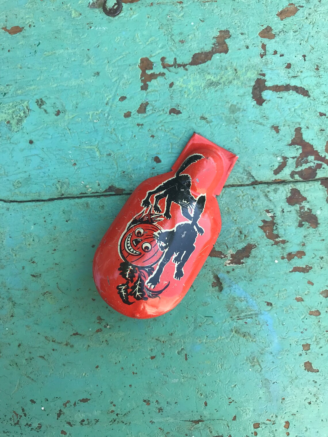 Vintage Halloween Noisemaker Tin Toy Black Cats Jack O Lantern Tiny ...