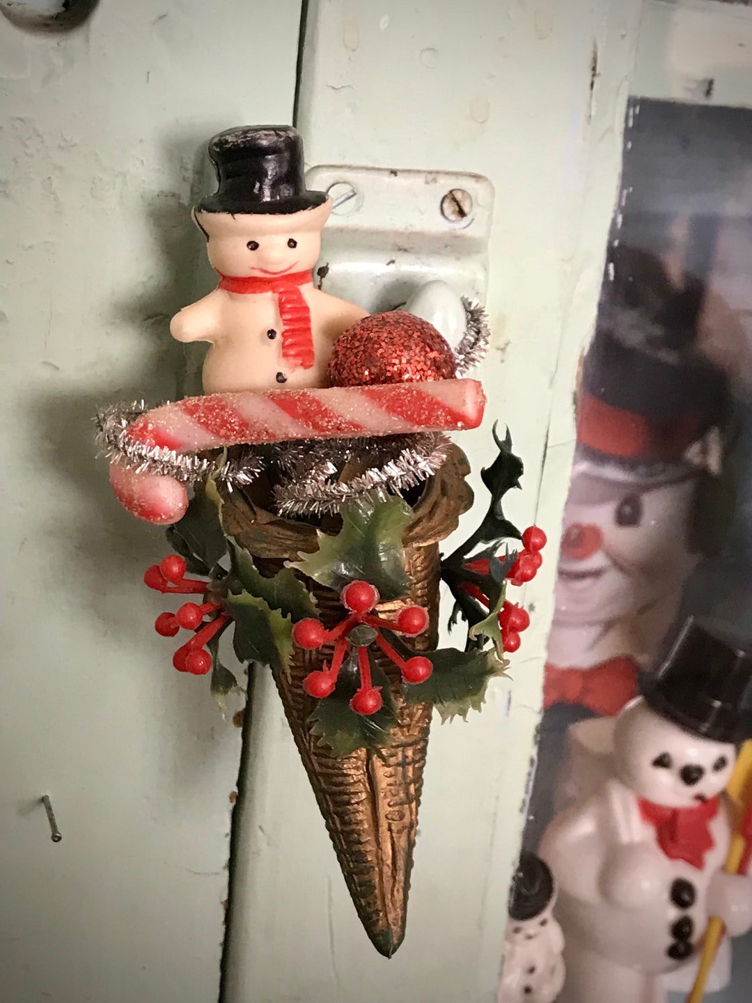 Vintage Hard Plastic Snowman Cornucopia Christmas Candy Cane Ornament ...