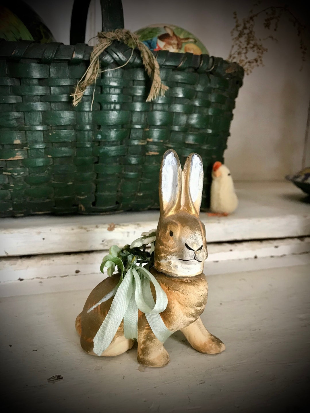 Antique Easter Bunny Gold Gilded Rabbit Candy Container Old Flowers Floral Millinery Collectible ...