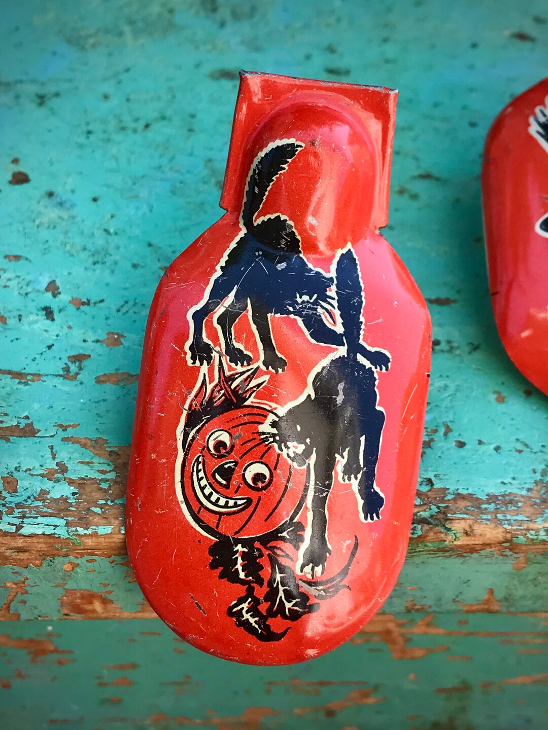 Vintage Halloween Noisemaker Tin Toy Black Cats Jack O Lantern Tiny ...
