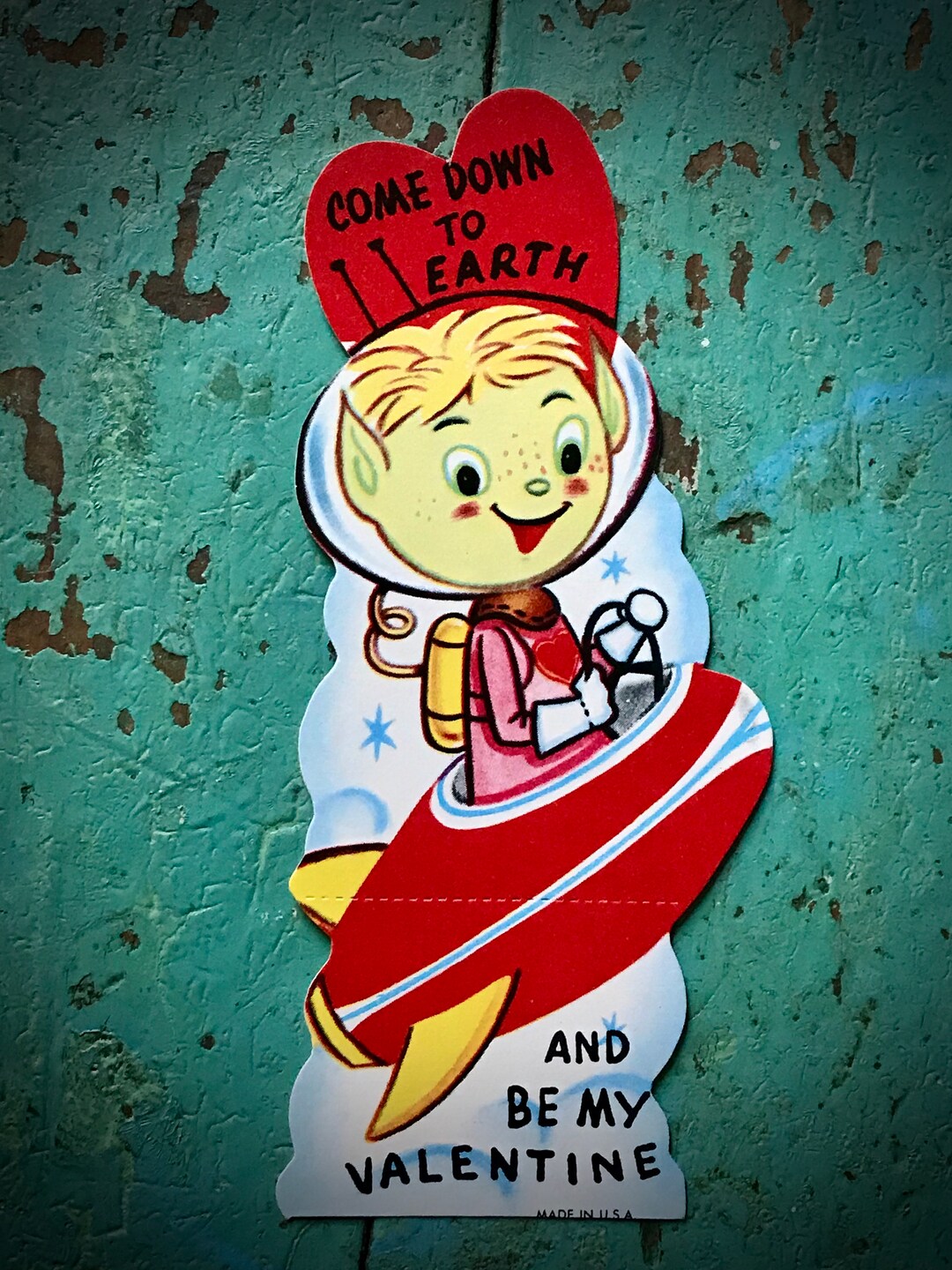 Vintage Valentines Alien in Spaceship Atomic Space Race Old Collectible ...