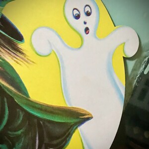 Vintage Halloween Die Cut Witch Flying on Broomstick Full Moon Ghost ...