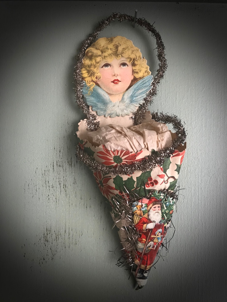 Antique Victorian Christmas Cornucopia Old Santa Claus Scraps Golden ...