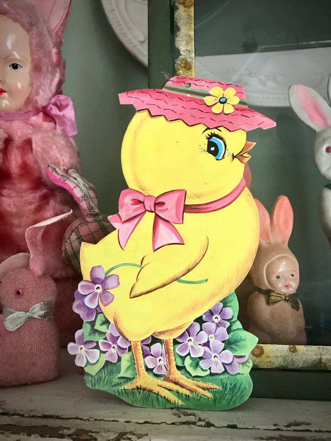 Vintage Easter Chick Die Cut Anthropomorphic Adorable Chicken in Bonnet ...