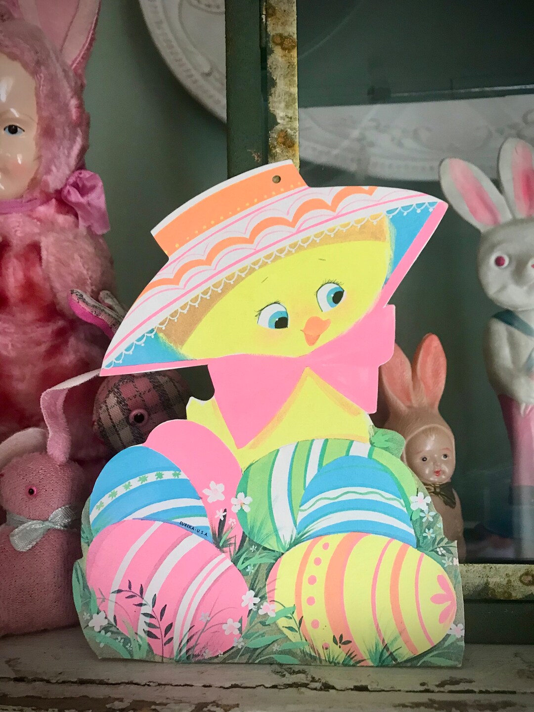 Vintage Easter Cut Out With Anthropomorphic Chick With Bonnet Eggs Old ...
