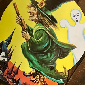 Vintage Halloween Die Cut Witch Flying on Broomstick Full Moon Ghost ...
