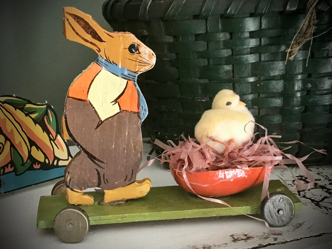 Antique German Easter Bunny Rabbit Wooden Pull Toy Paper Mache Egg ...
