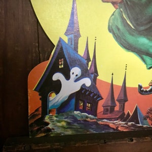 Vintage Halloween Die Cut Witch Flying on Broomstick Full Moon Ghost ...