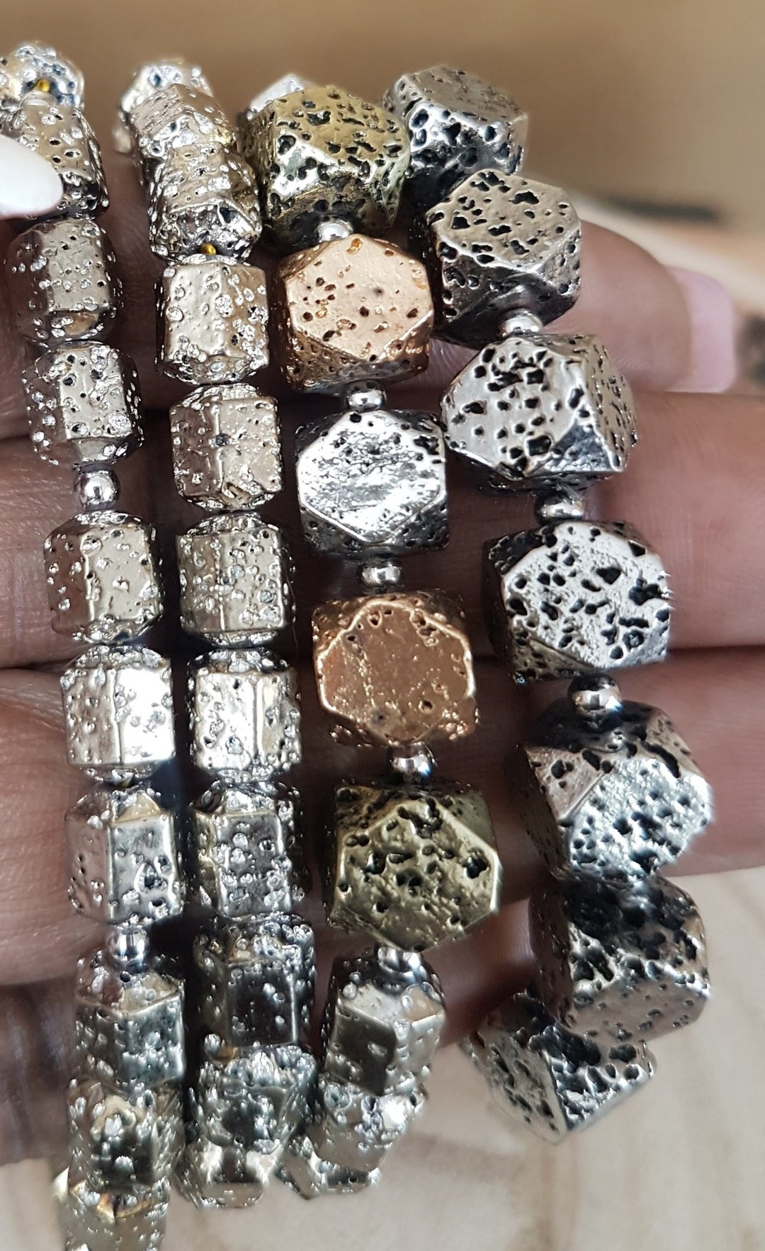 Men's Lava Rock Bracelet: Metallic Stone Beads - Etsy