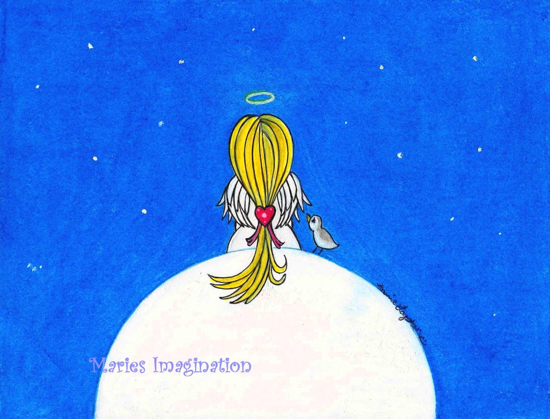 Angel / Moon / Birdy /cute Art Print / Wall Art / Wall Decor. - Etsy
