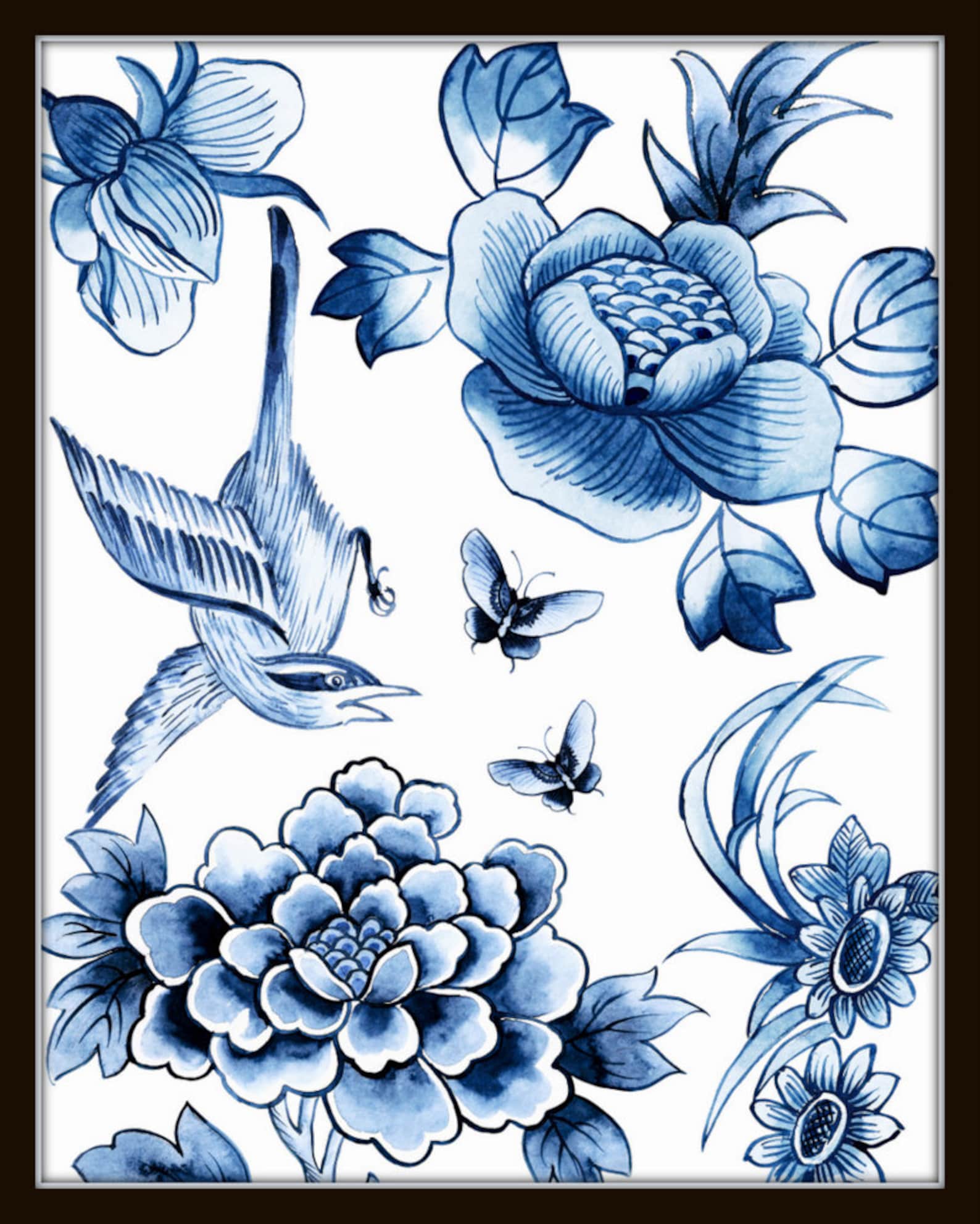Blue Chinoiserie Porcelain Print Set No. 5 Bird and Botanical - Etsy
