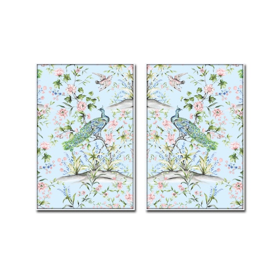 French Blue Chinoiserie Watercolor Print Set No. 2 Bird and - Etsy