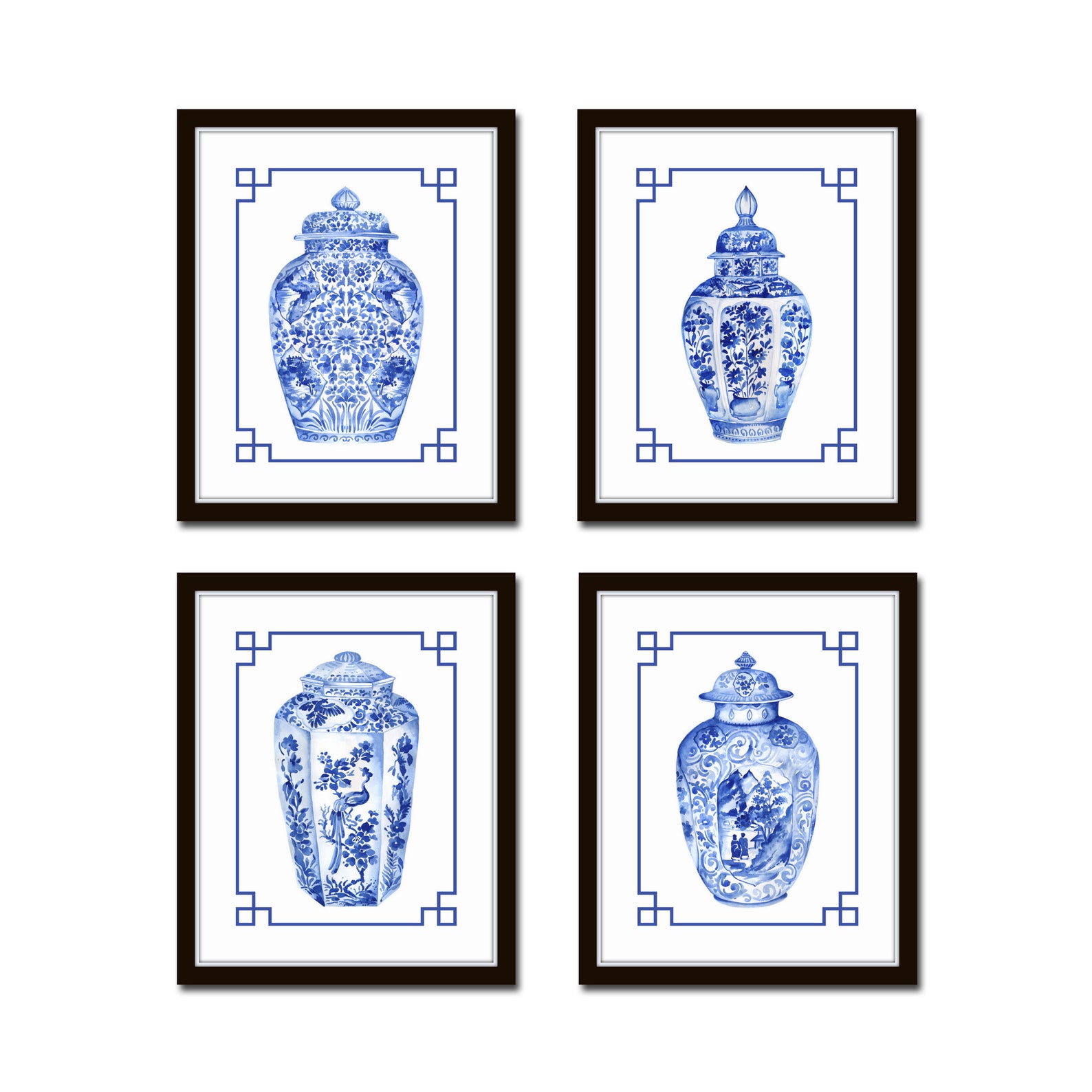 Blue and White Chinoiserie Porcelain Vase Print Set No. 1, Ginger Jar ...