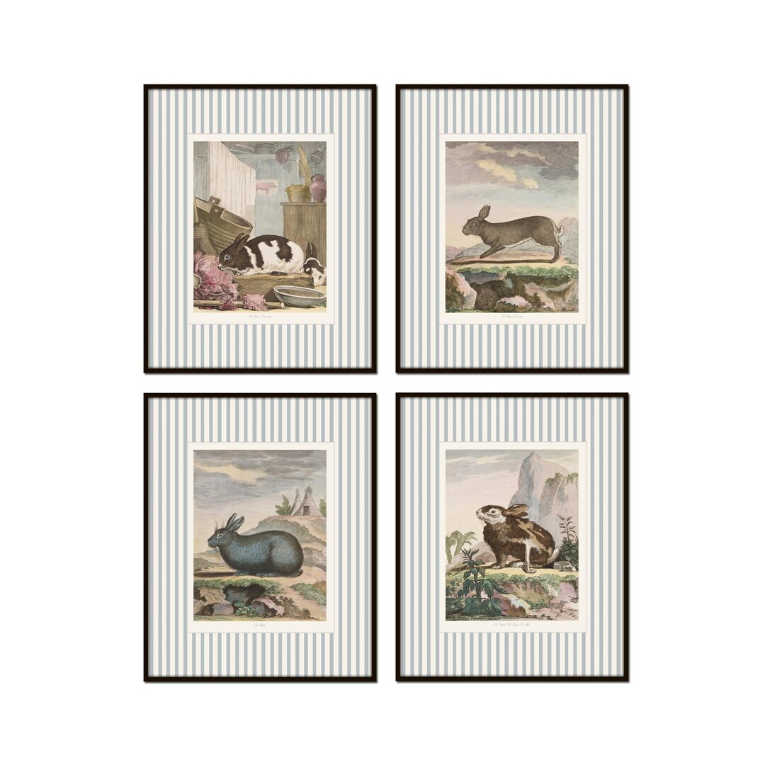 Vintage French Rabbit Prints With Striped Border, Rabbit Art, Nursery ...