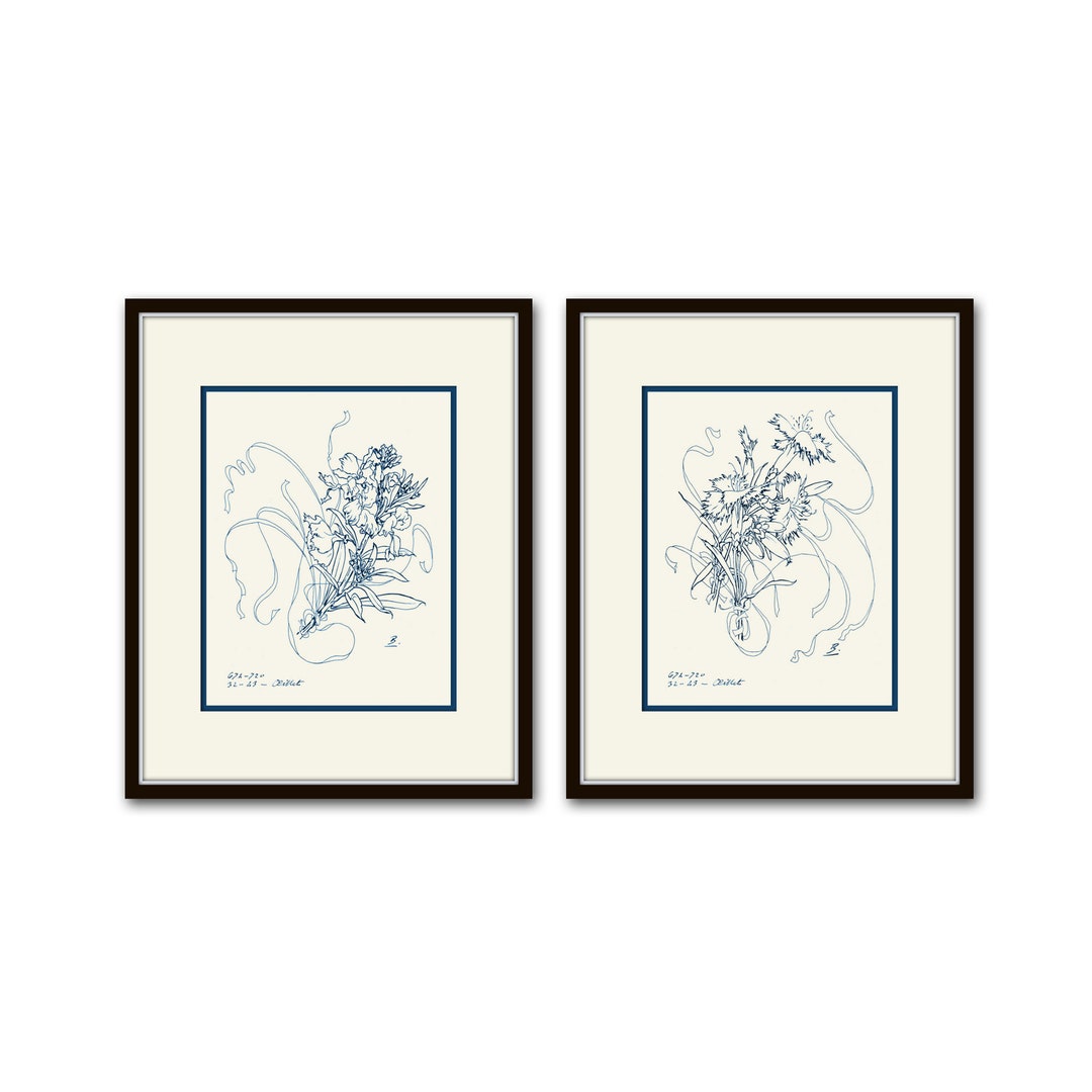 Indigo Blue Vintage French Porcelain Sketch Print Set, Sketch Art ...
