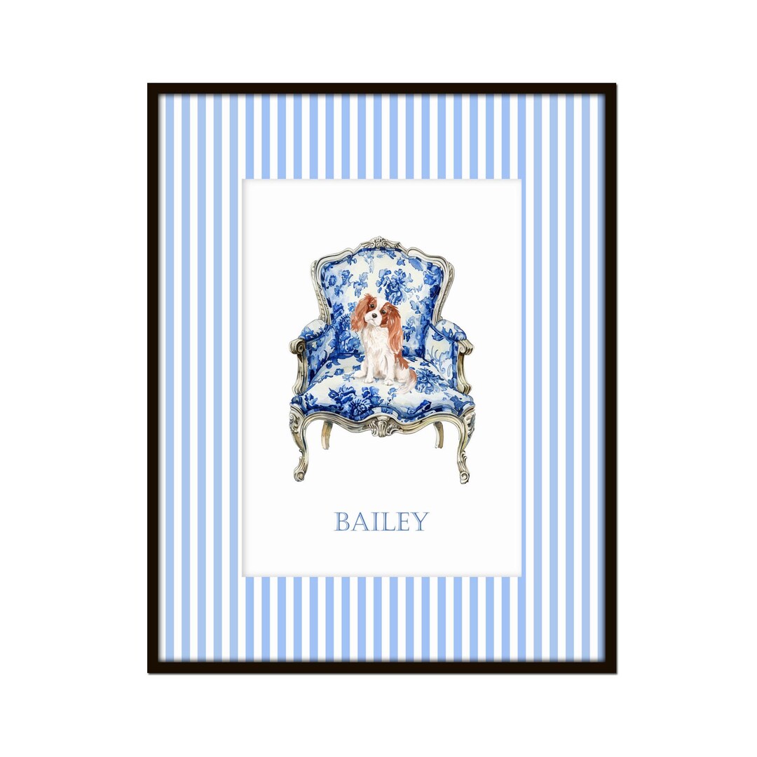 Custom Dog on Chinoiserie Chair Print, Blue Stripe, Personalized Dog ...