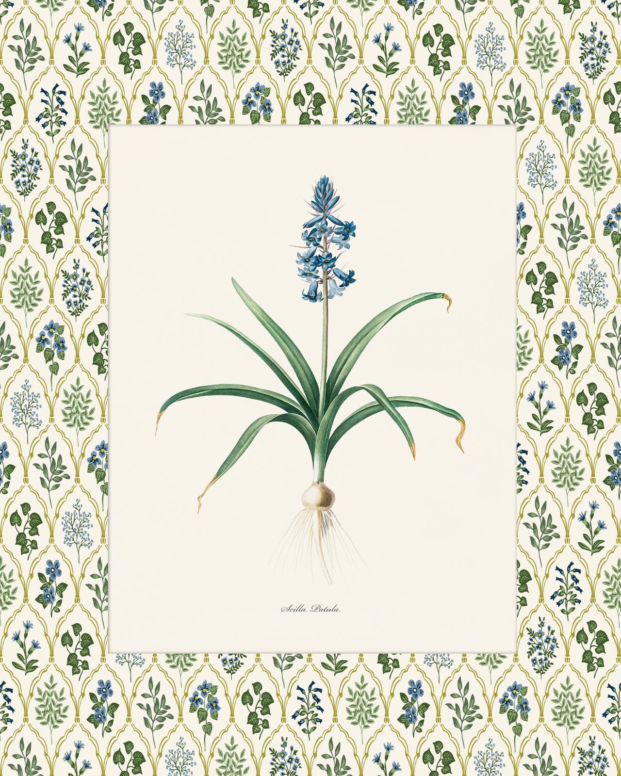 French Blue Botanical Print Set With Floral Block Print Border ...