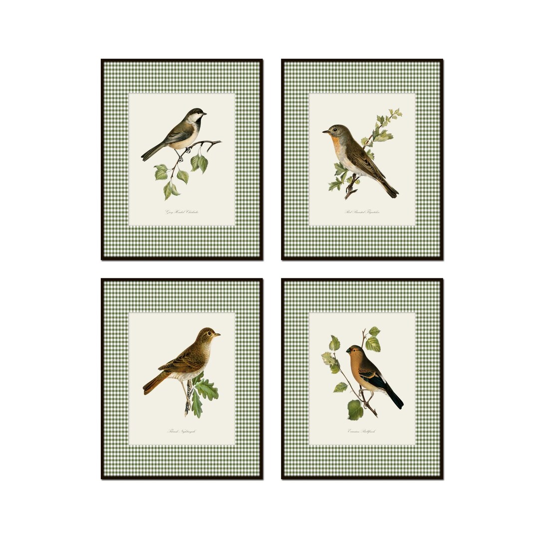 Vintage Bird Collage Prints Set No. 1, Gingham Art, Bird Art, Home ...