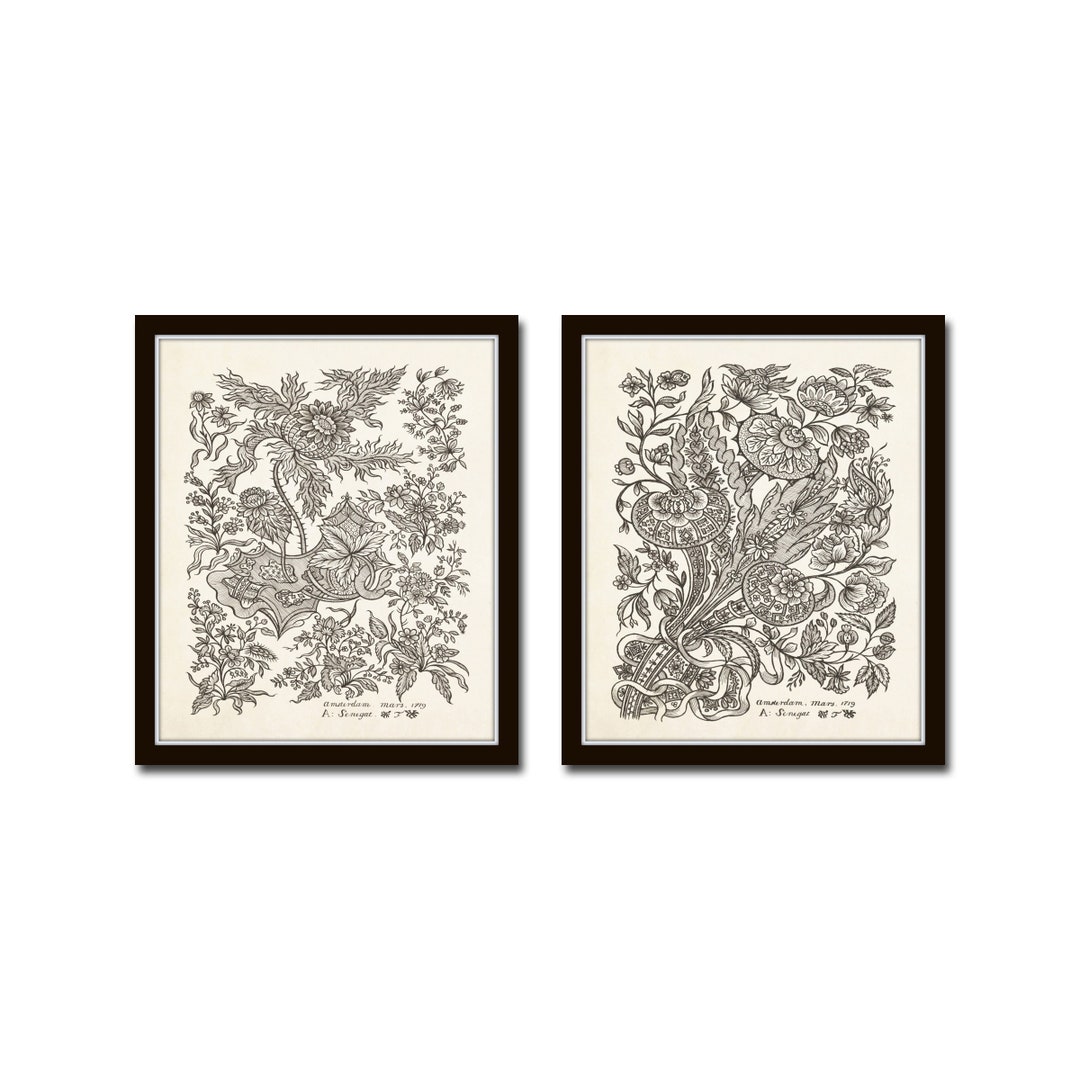 Vintage Textile Design Print Set No. 2, Botanical Prints, Block Print ...