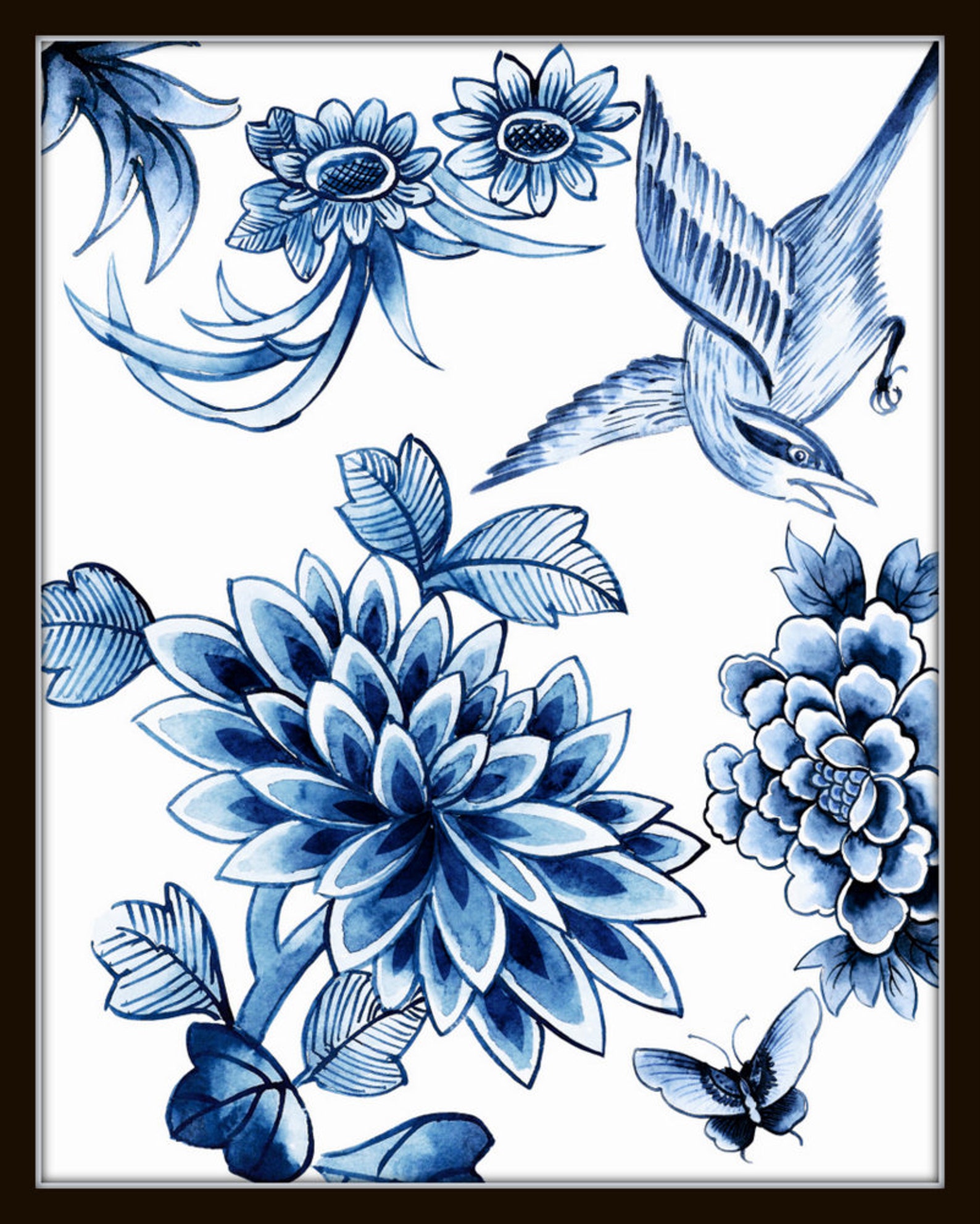 Blue Chinoiserie Porcelain Print Set No. 5, Bird and Botanical Print ...