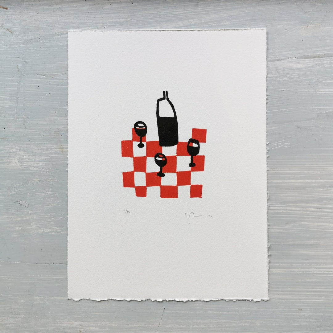 Linocut Glass Bottle, Minimalist Engraving, Red Tablecloth, Table ...