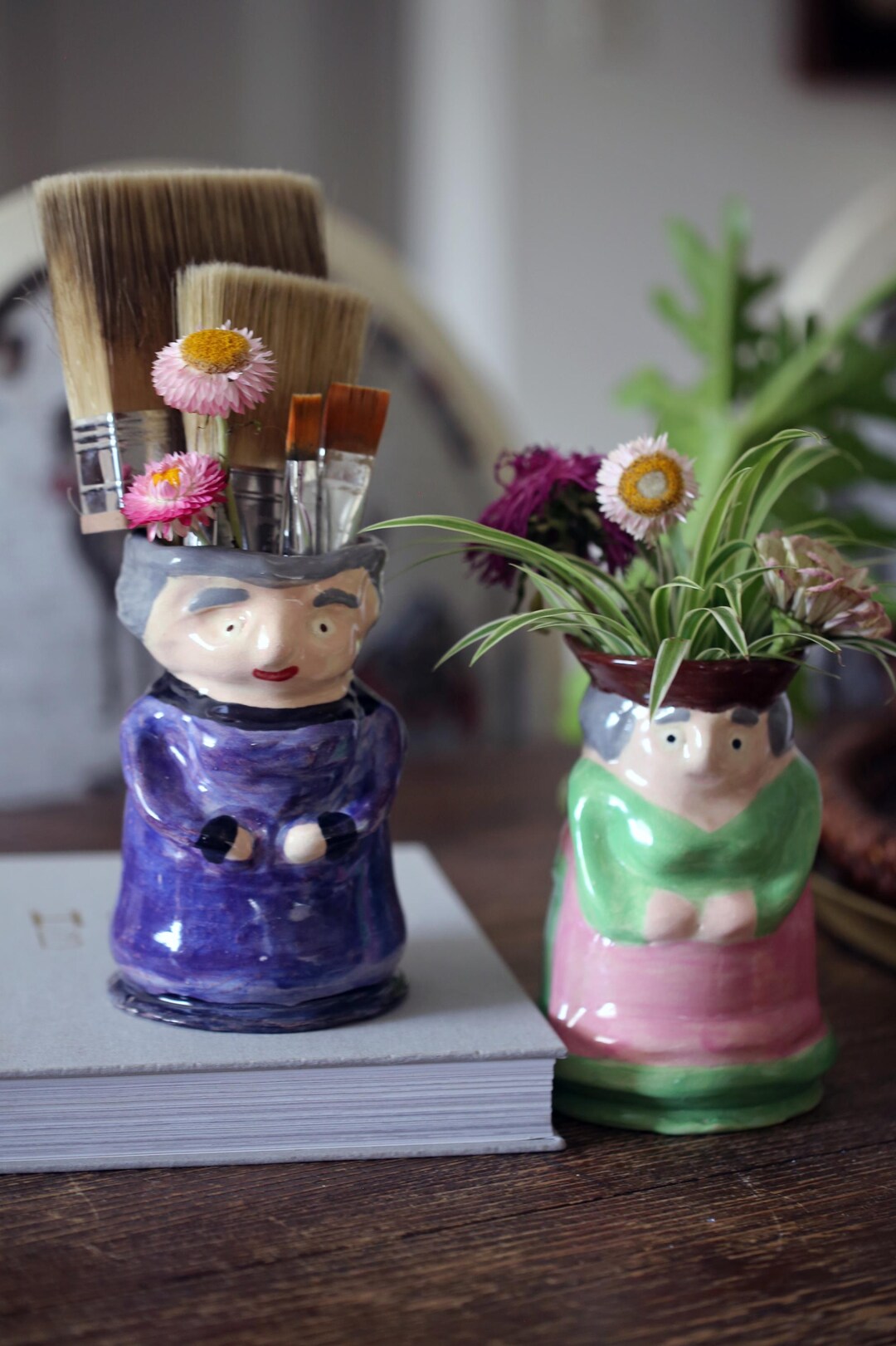 Set of 2 Handmade Quirky Funny Lady Ceramic Vases | Catch All | Utensil ...