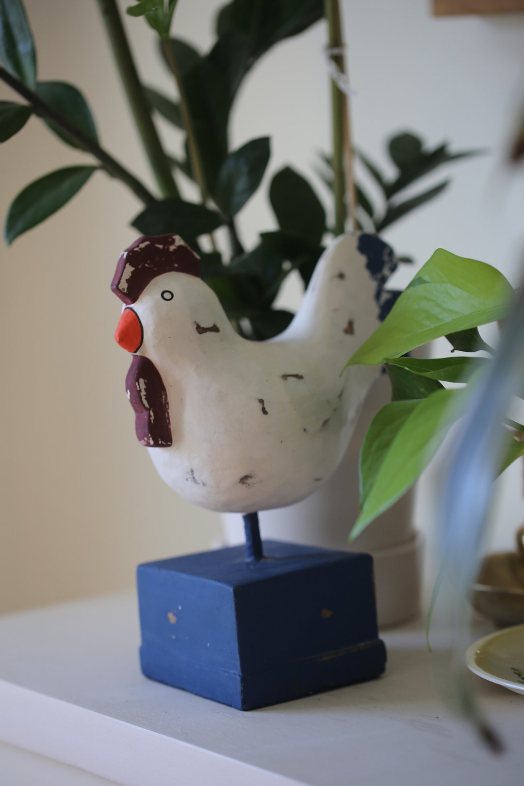 Vintage Folk Art Wooden Rooster | Hand-painted Rustic Farmhouse Decor ...