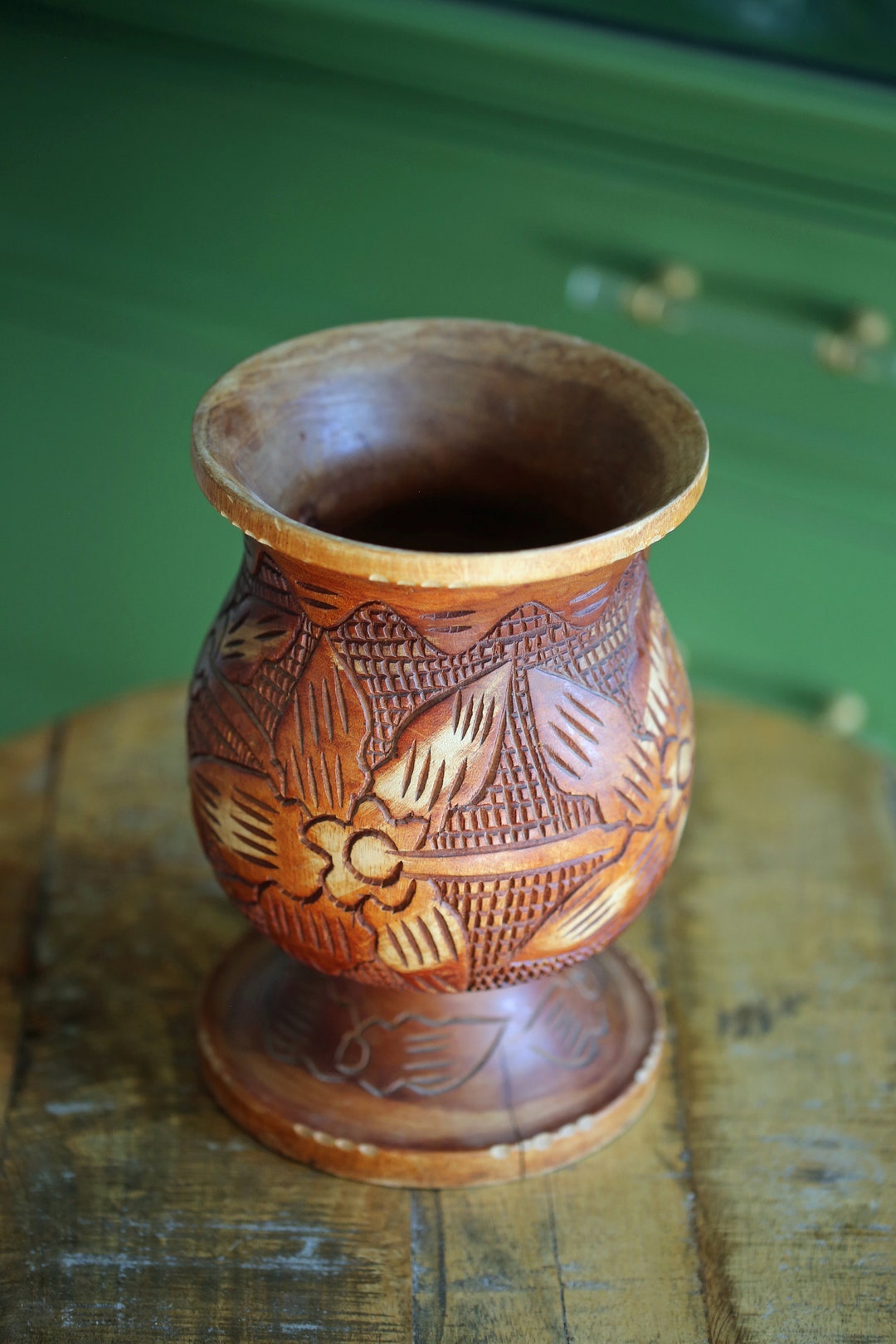 Vintage Hand Carved Wood Pedestal Vase - Etsy