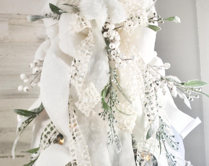 Large Christmas Tree Topper, Faux Fur, White Tree Topper, Bow Tree ...